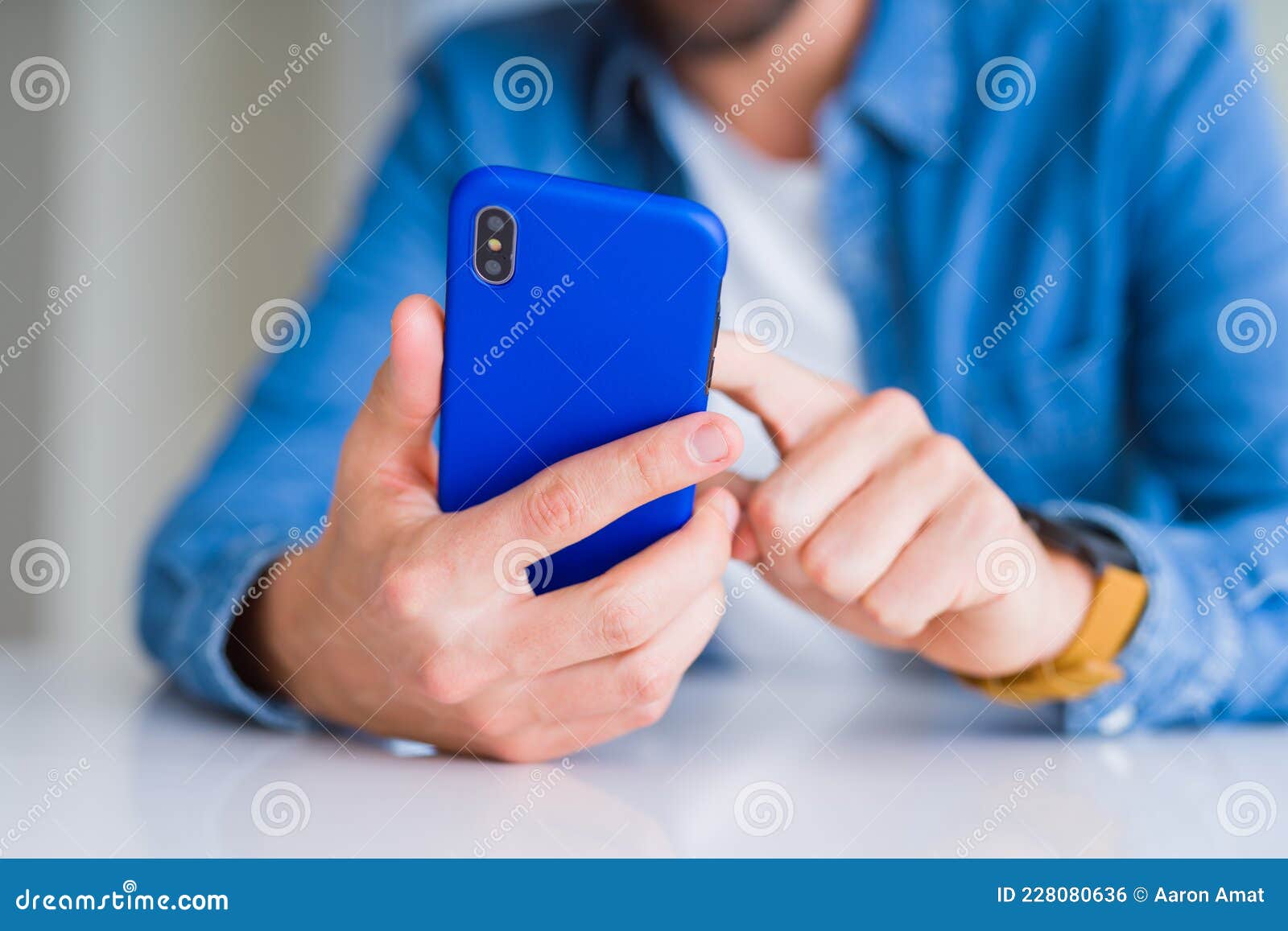 Close Up of Man Hands Using Smartphone and Smiling Stock Photo - Image ...