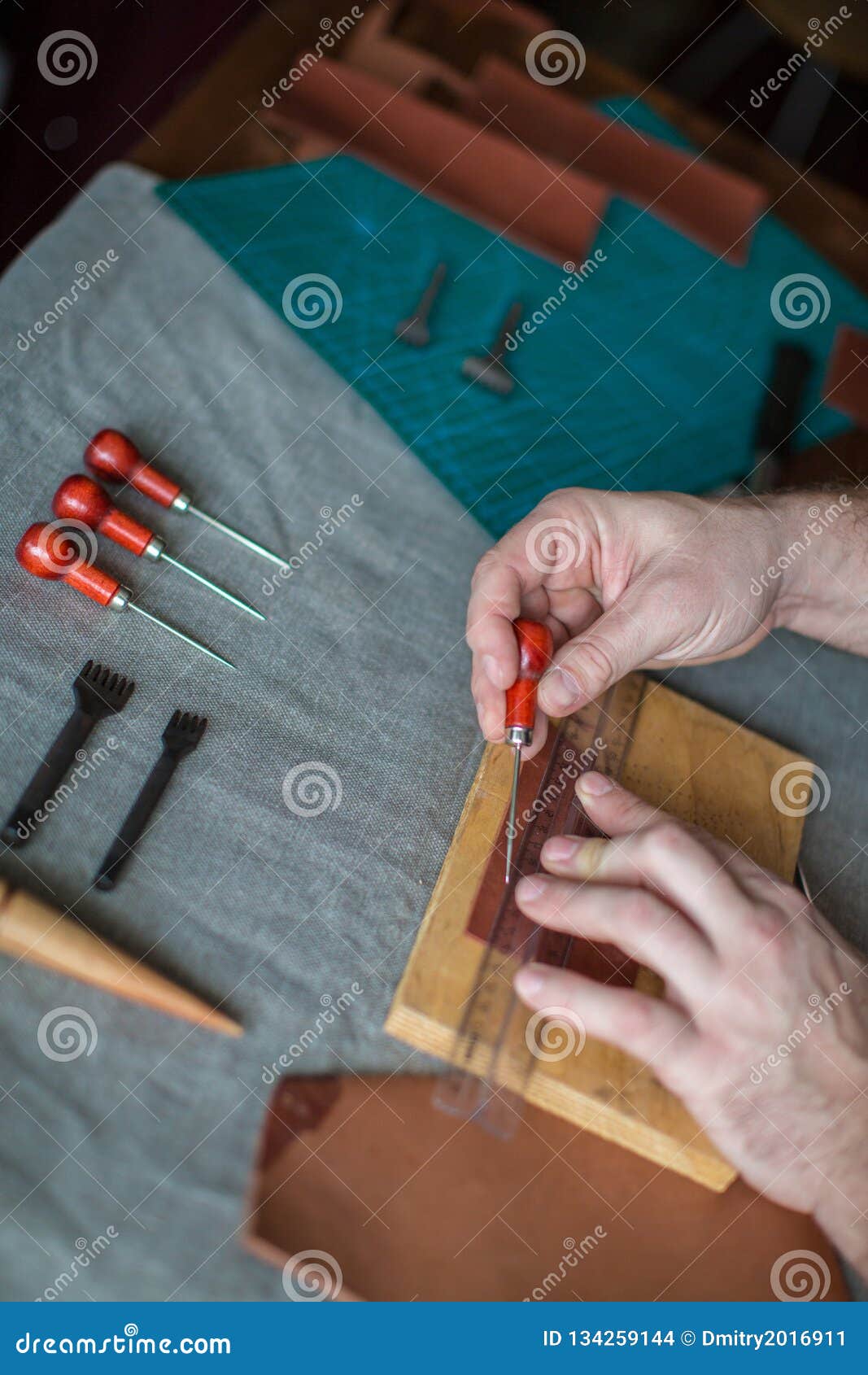Close Up Man Hands Working with Leather Using Crafting DIY Tools Stock ...