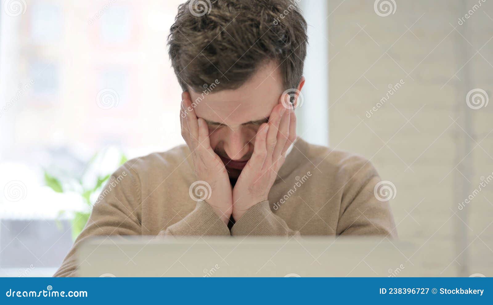 Close Up of Man Having Headache while Using Laptop Stock Image - Image ...