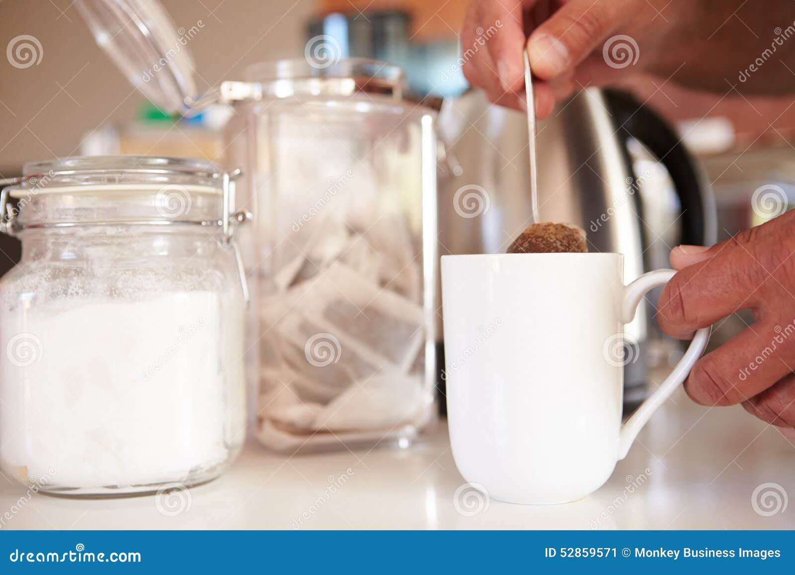 Close Up of Man Making Tea in Cup Using Teabag Stock Image - Image of ...