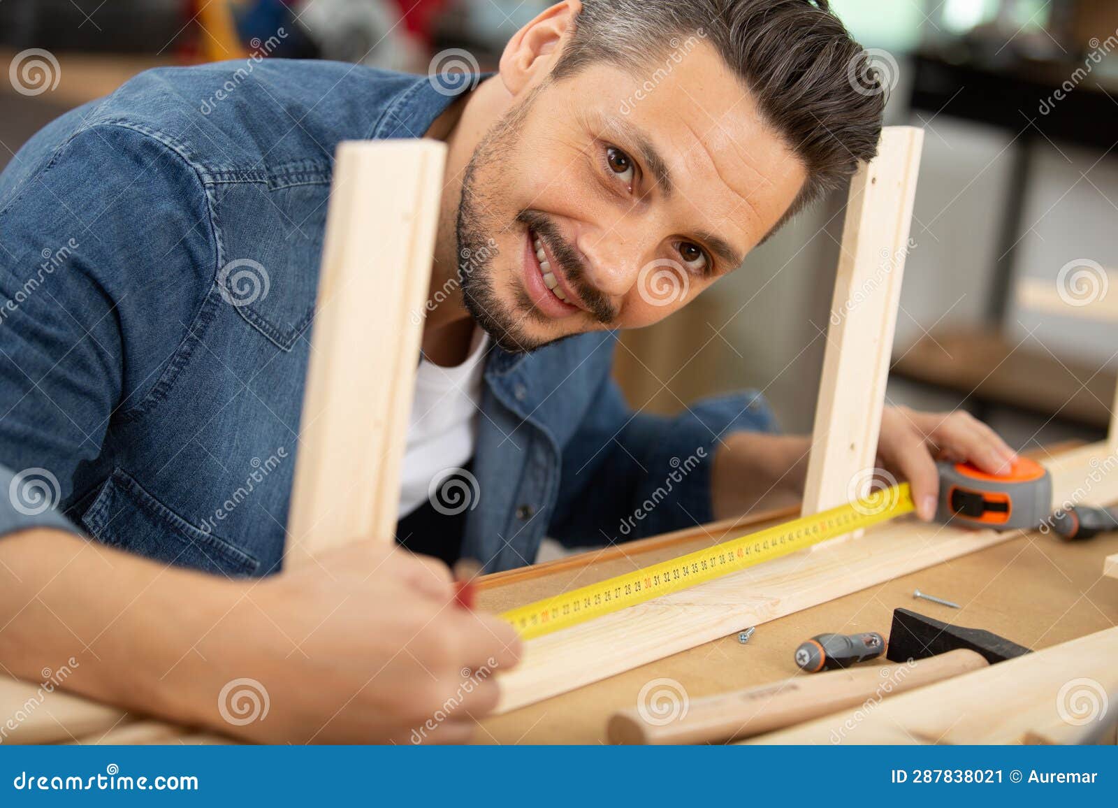 Close Up Man Measuring Wood Flooring Stock Image - Image of floor ...