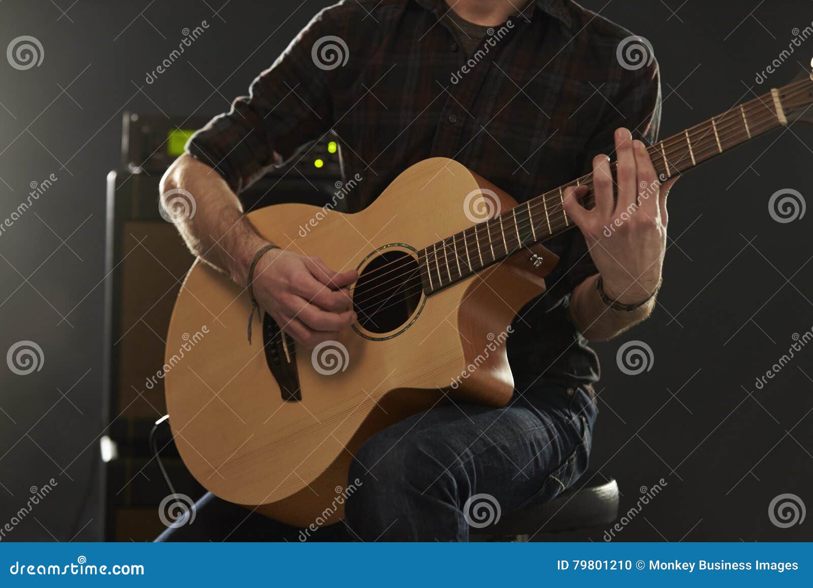 Close Up of Man Playing Amplified Acoustic Guitar Stock Photo - Image ...