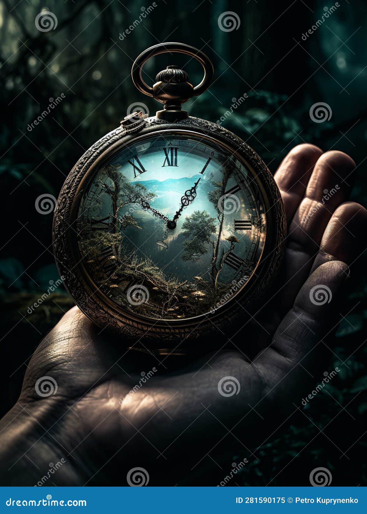 Close-up of a Man S Hand Holding a Clock Against a Dark Background and ...