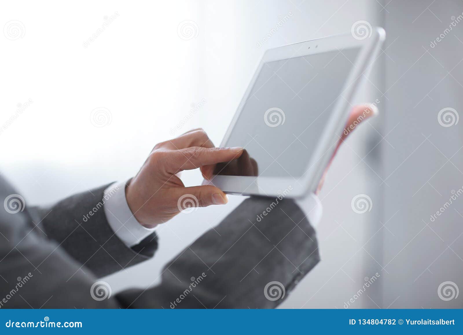 Close Up. a Man`s Hand Presses the Screen of a Digital Tablet Stock ...