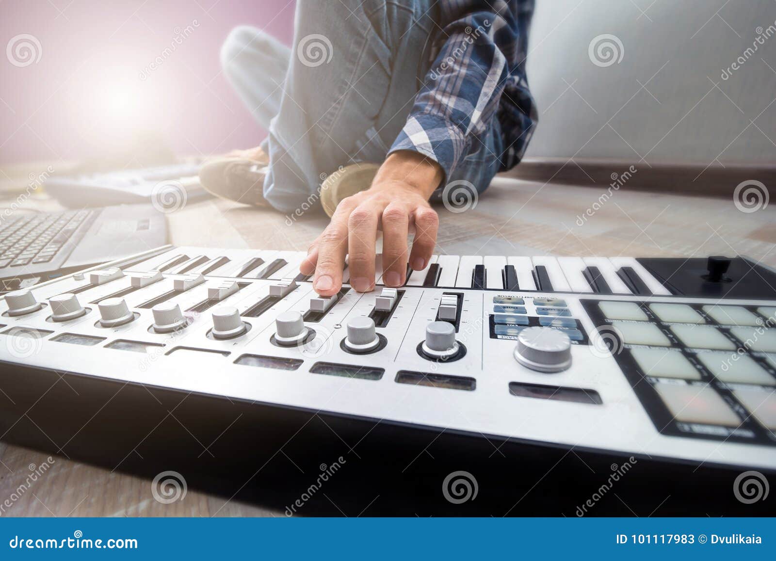 Close Up Man`s Hand on Synth Panel in Home Music Studio Stock Image ...