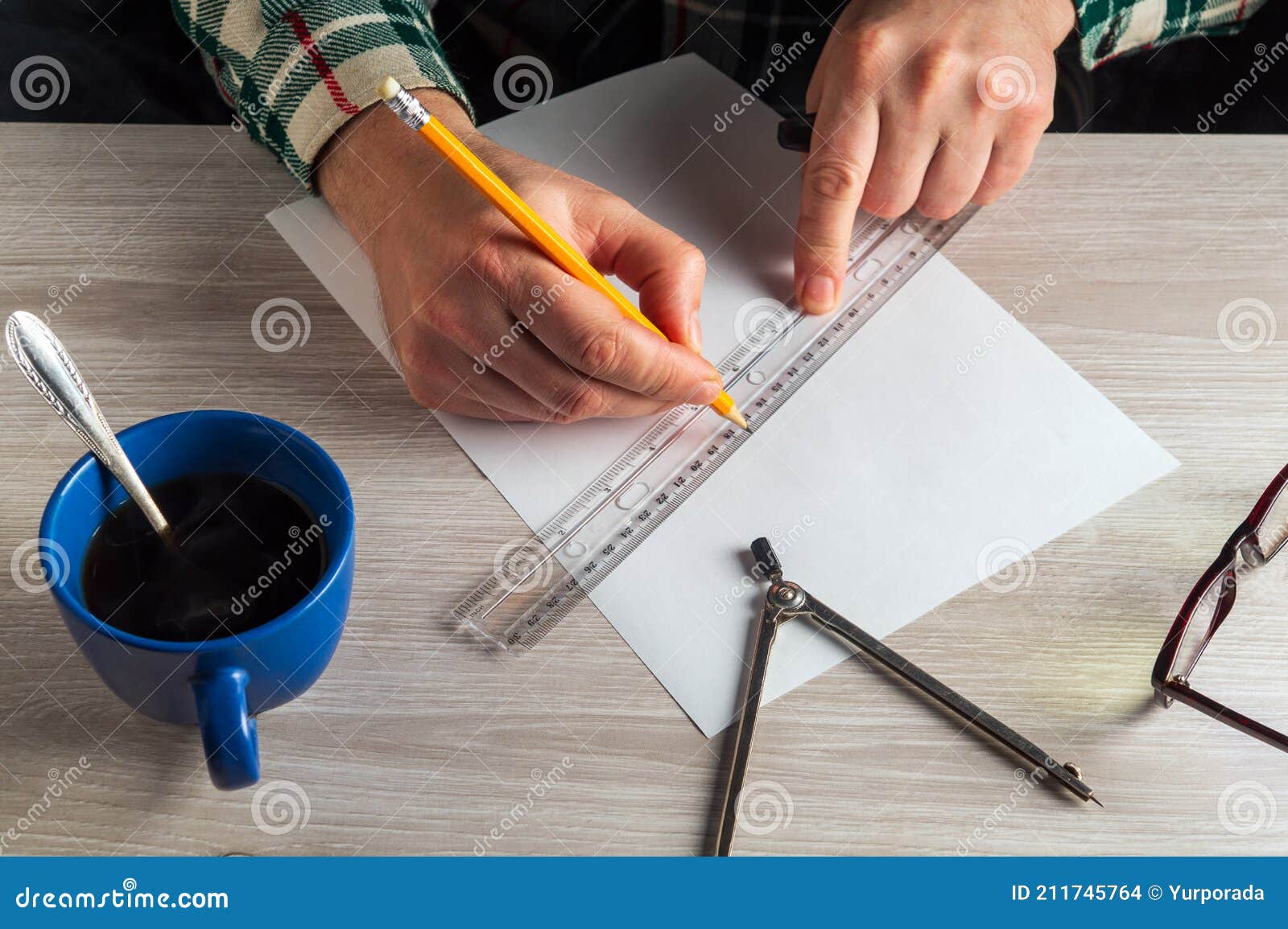 Close-up of a Man Hands Holding a Pencil and a Ruler. Working ...
