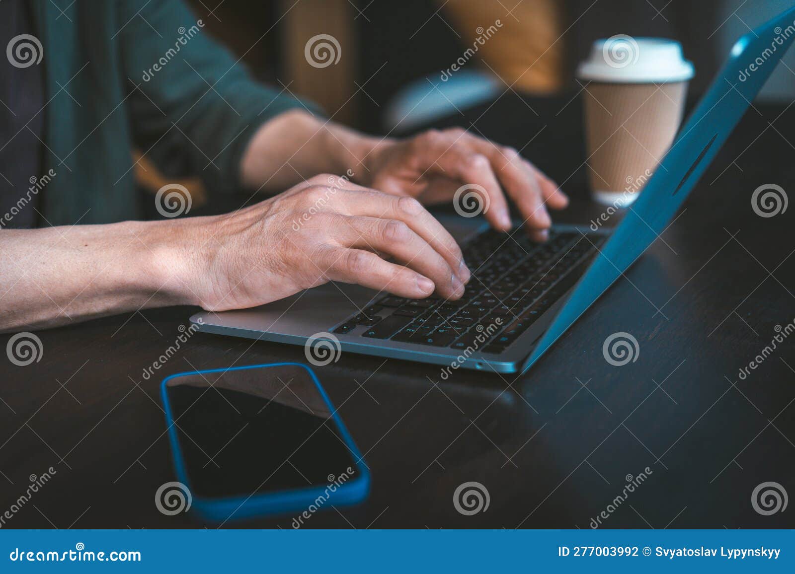 Close-up of Man S Hands Typing Text Message on Laptop Keyboard. Work ...