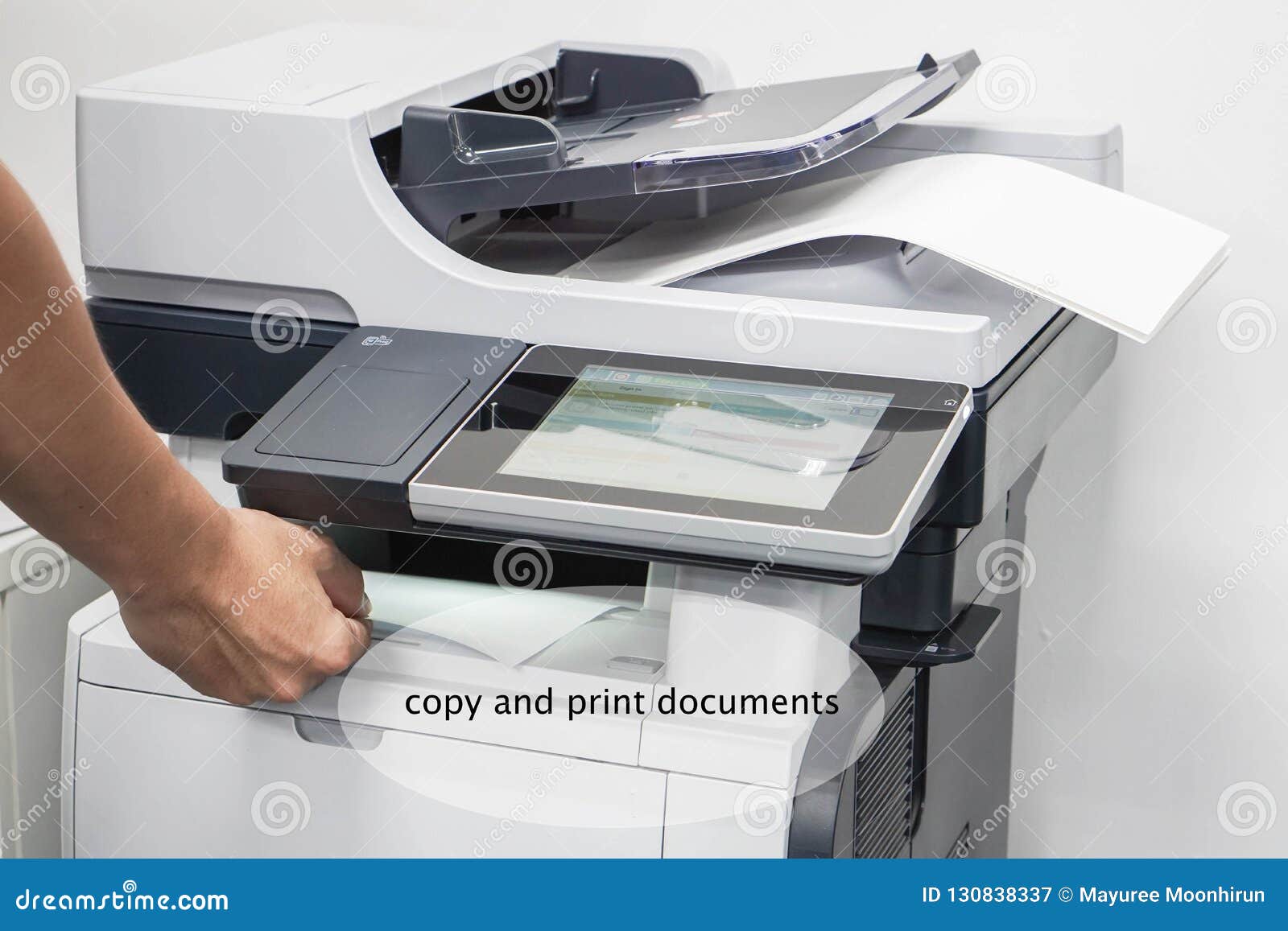 Close Up Man Take Printed and Copied Business Documents from Printer ...