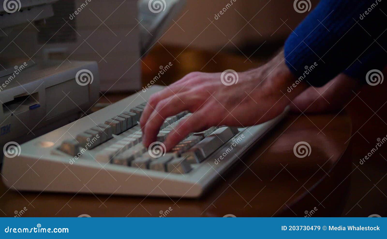 Close-up of Man Typing on Old Computer. Media. Man is Typing on Old ...
