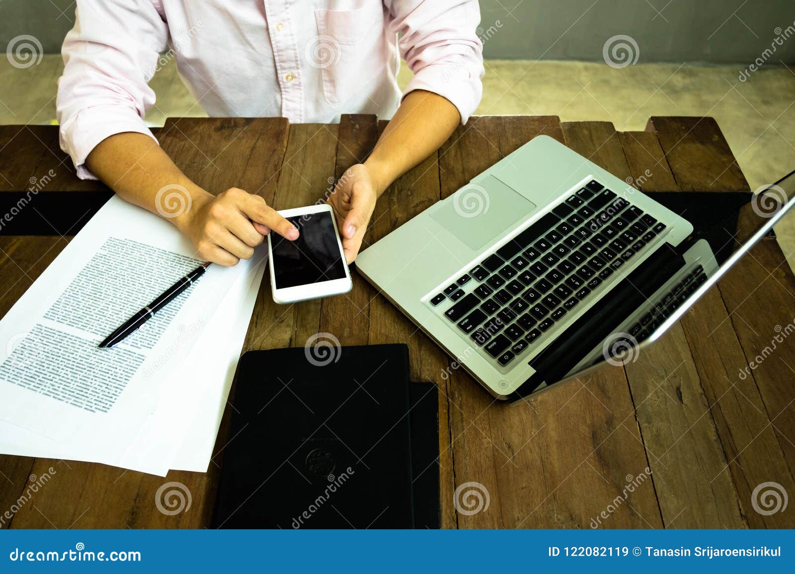 Close Up of a Man Using Mobile Smart Phone on the Table Stock Image ...