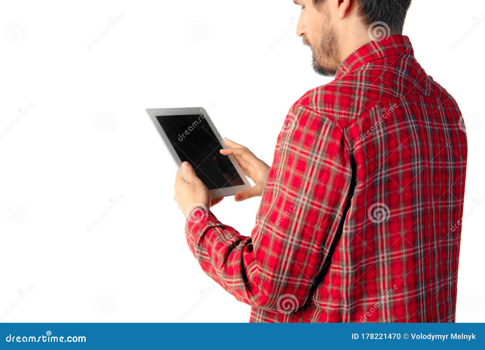 Close Up of Man Using Tablet with Blank Screen Isolated on White Studio ...