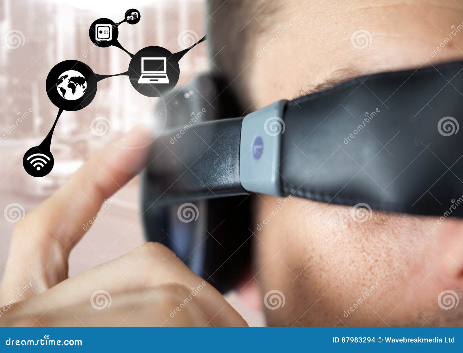 Close-up of Man Using Virtual Reality Headset and Network Connection ...