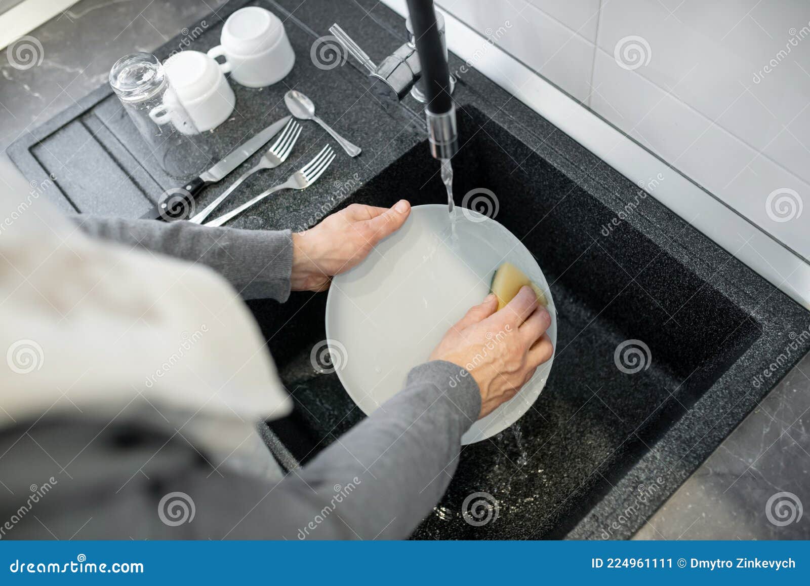 Close Up of a Man Washing the Plates in the Kitchen Stock Image - Image ...
