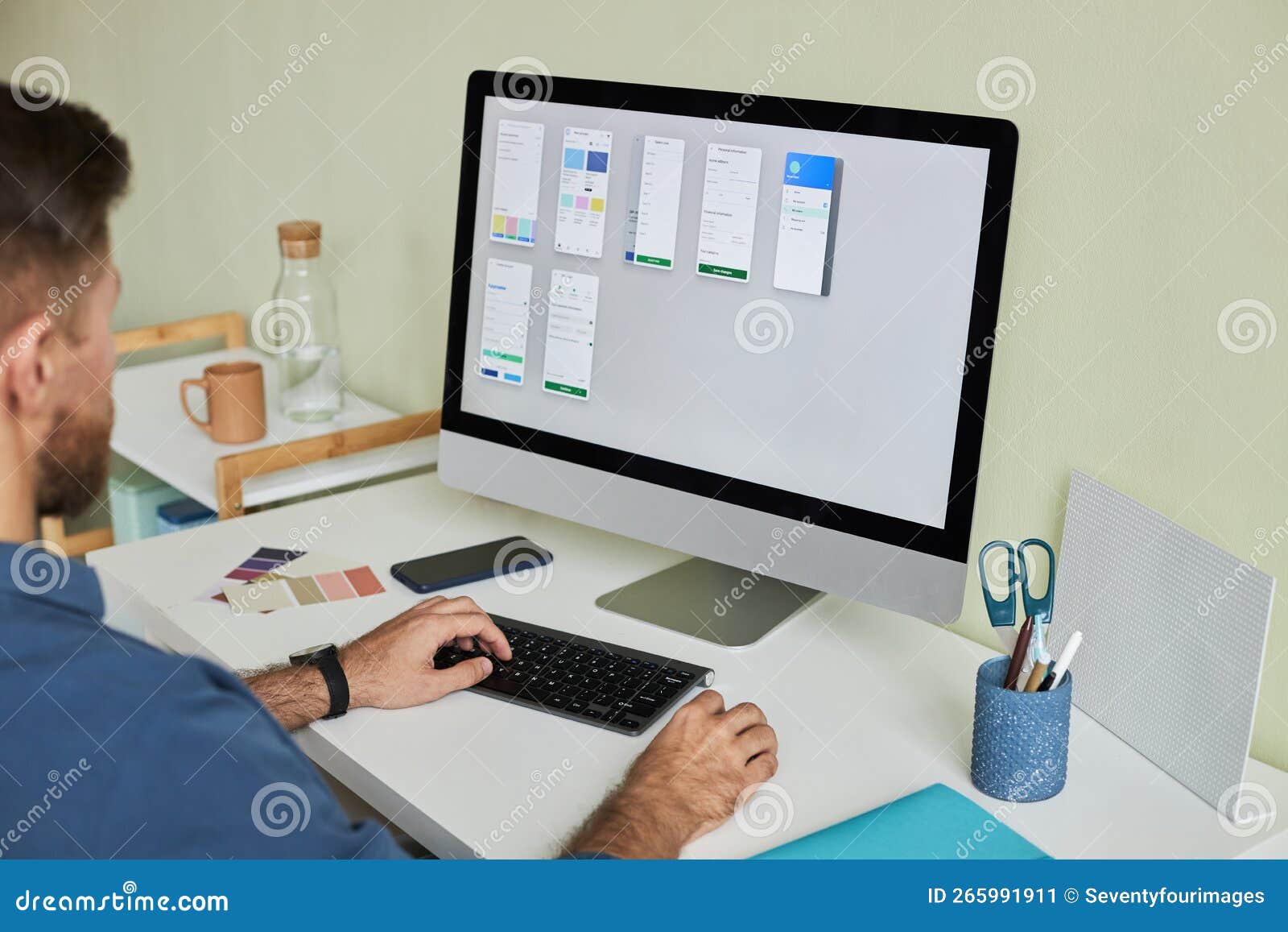 Close Up of Man Working with PC Computer at Workplace Developing Mobile ...