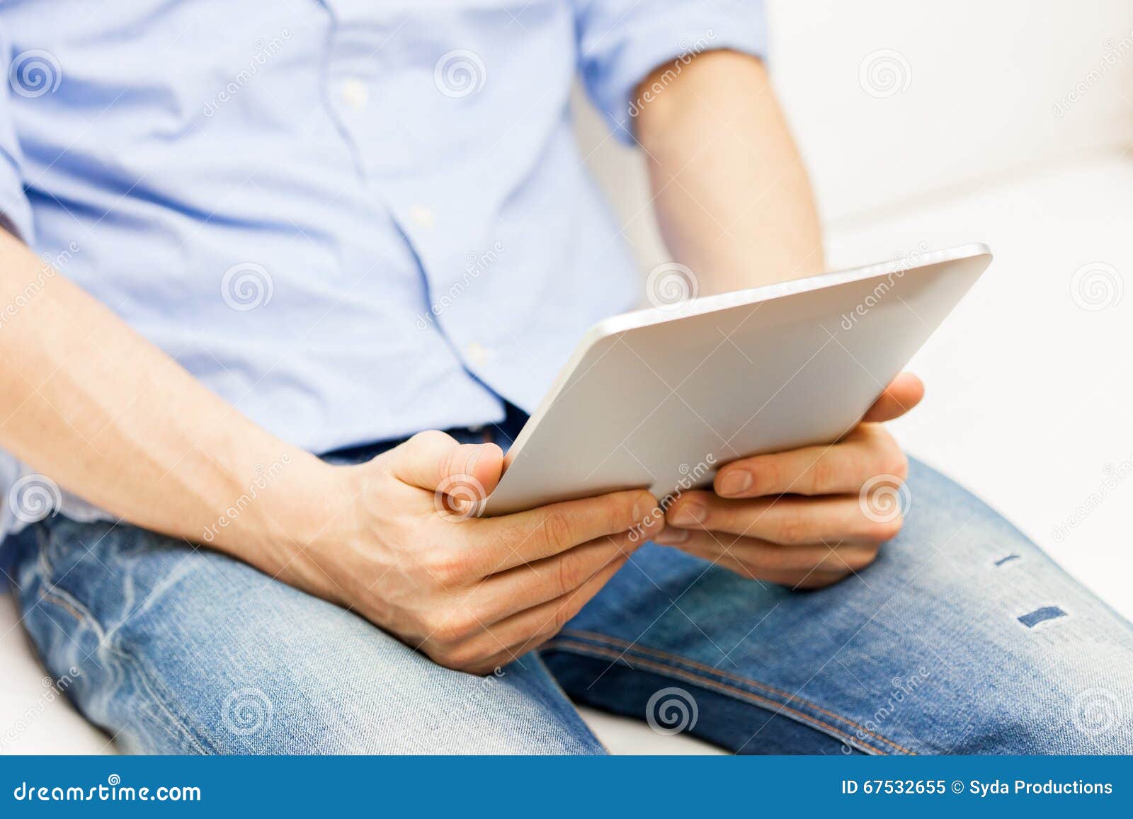 Close Up of Man Working with Tablet Pc at Home Stock Image - Image of ...