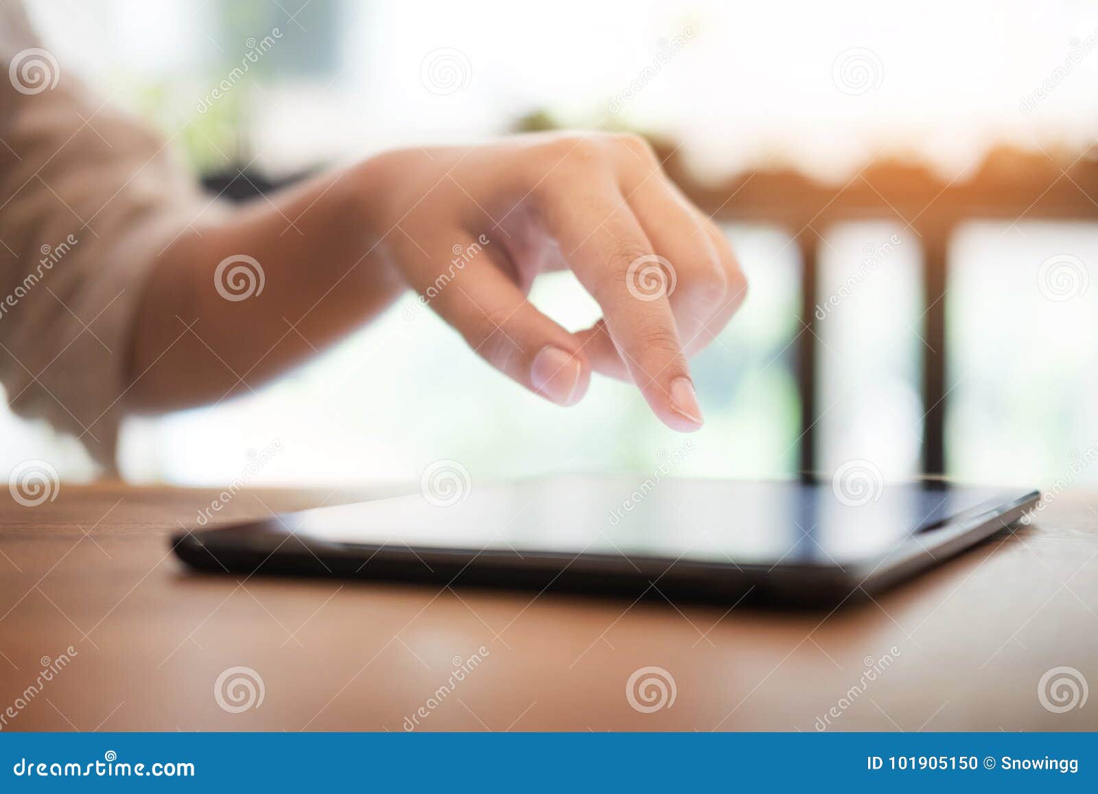 Close Up of Mans Hands Using Tablet on Counter. Stock Photo - Image of ...