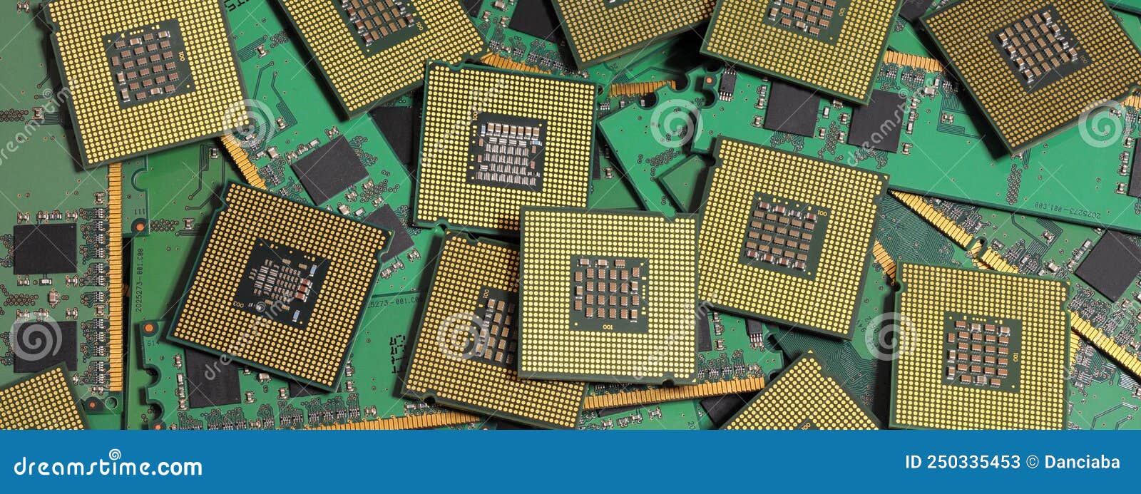 Close-up on Many Computer CPUs and DDR DIMM RAM Modules. Long Banner ...