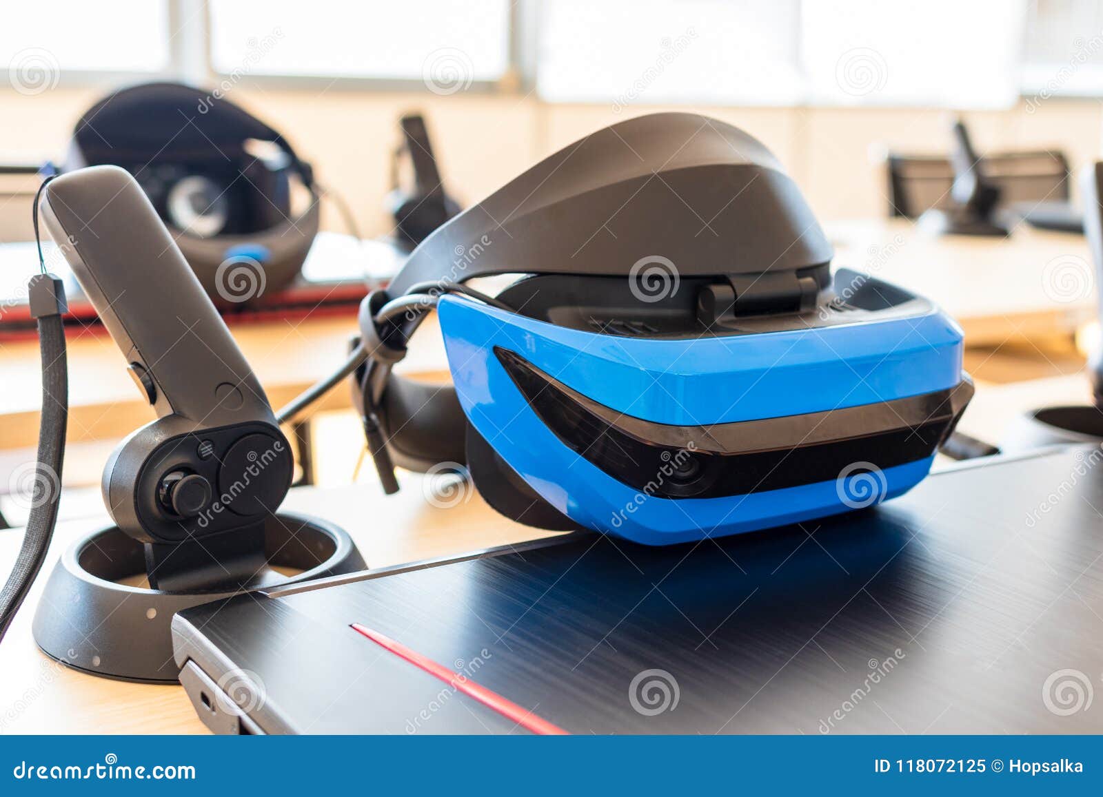 Close Up of Many Virtual Reality VR Sets in a Classroom - Headset ...