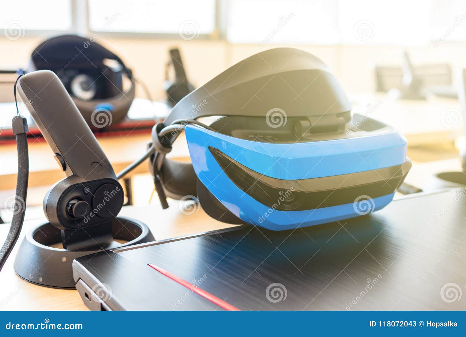 Close Up of Many Virtual Reality VR Sets in a Classroom - Headset ...