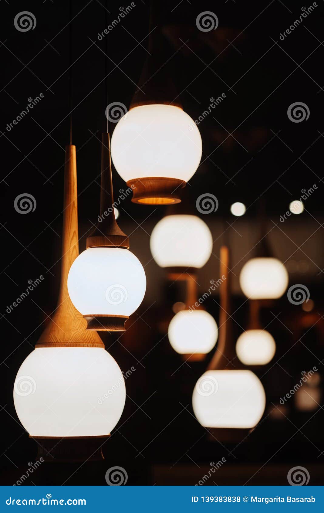 Close Up Many Yellow Lamp in Cafe at Night Stock Photo - Image of ...