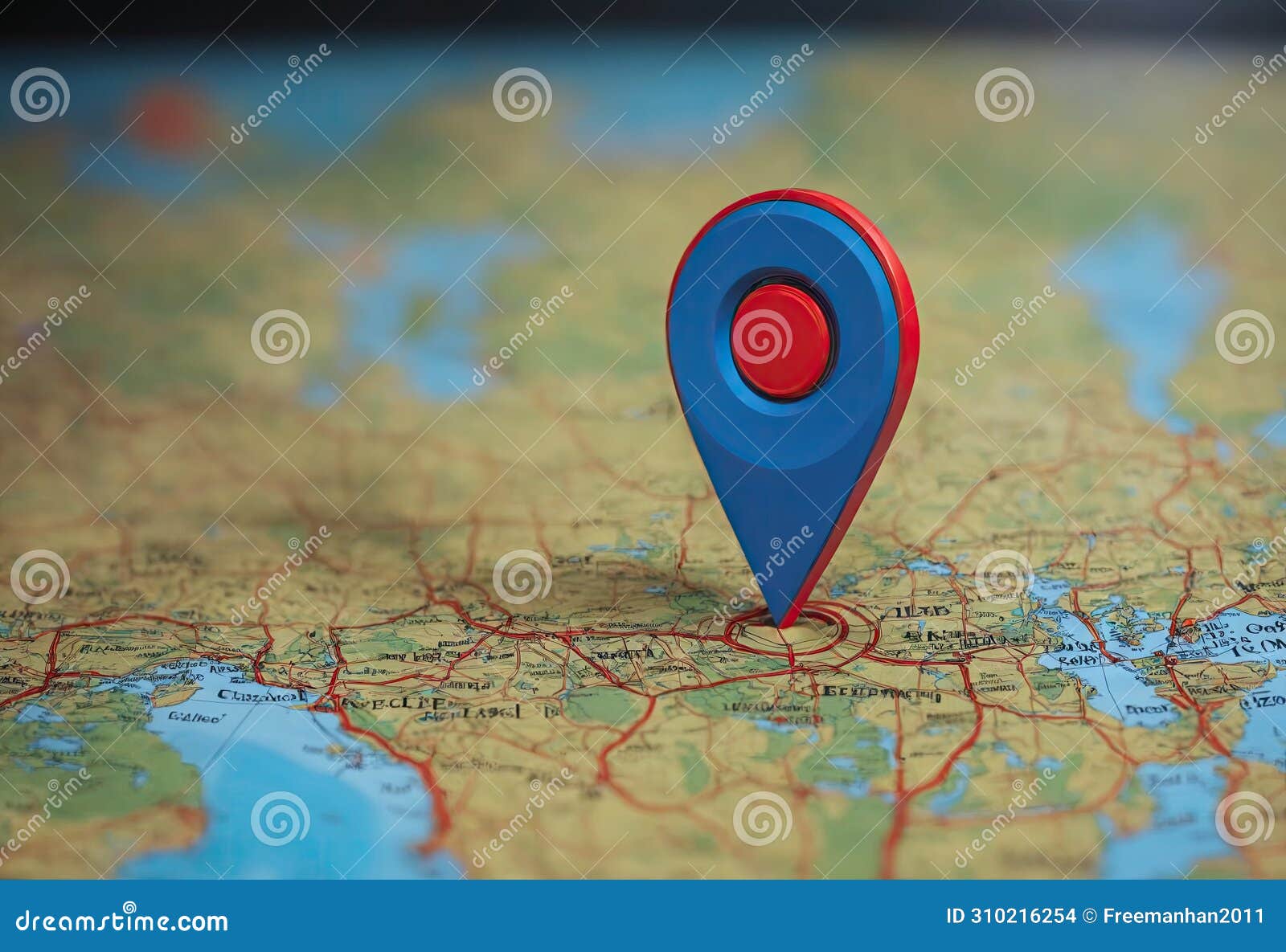 Close-up of Map with Destination Blue Pin Marked. Concept of Digital ...