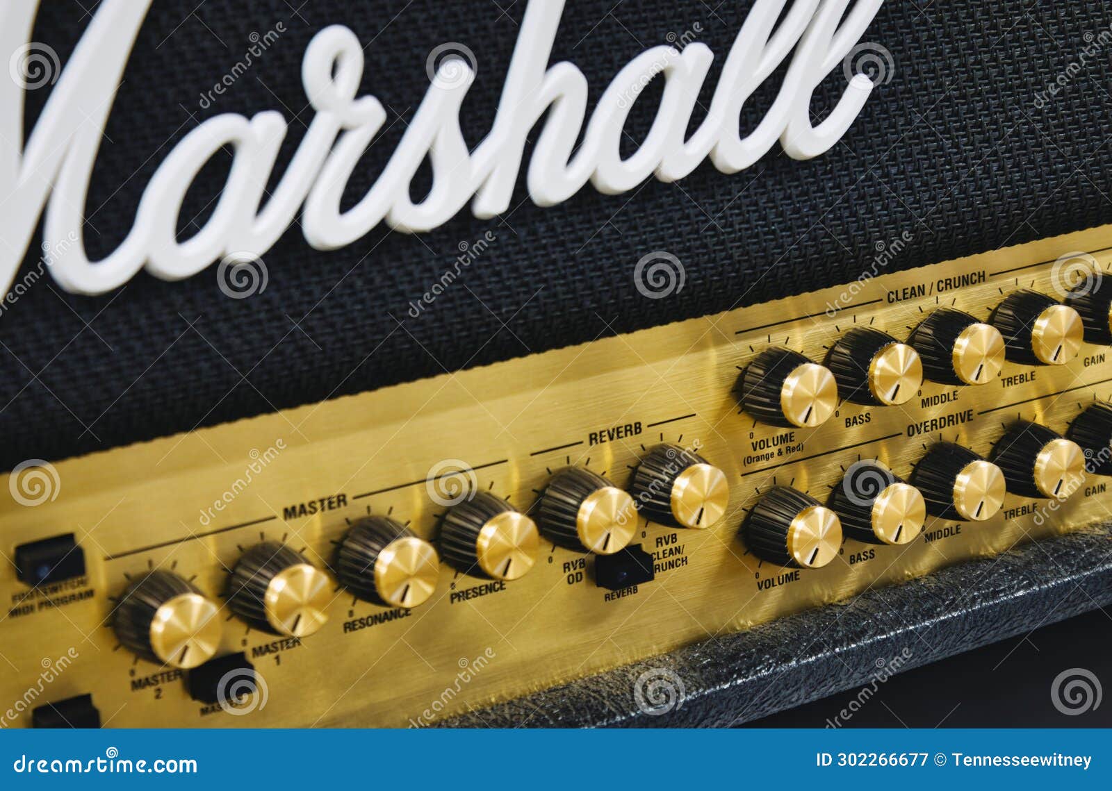 Close-up of a Marshall Stack Amplifier Head Showing the White Logo on ...
