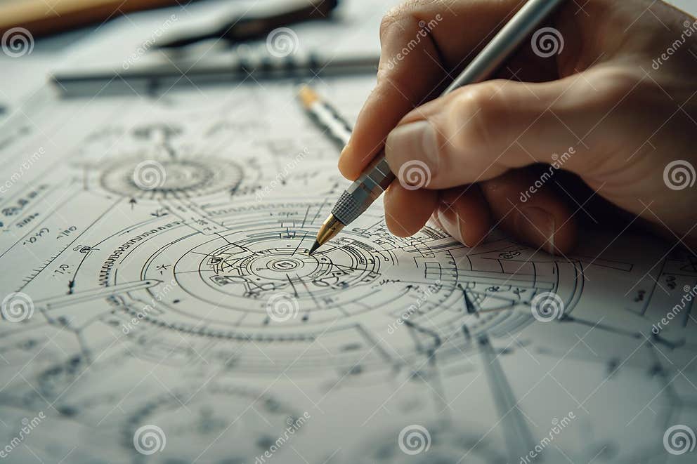 Closeup of a Mechanical Engineers Hand Drafting a Complex Gear System ...