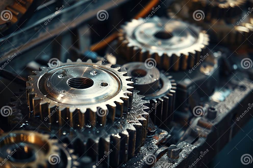 Closeup of Mechanical Gears and Components Intricate Engineering Design ...