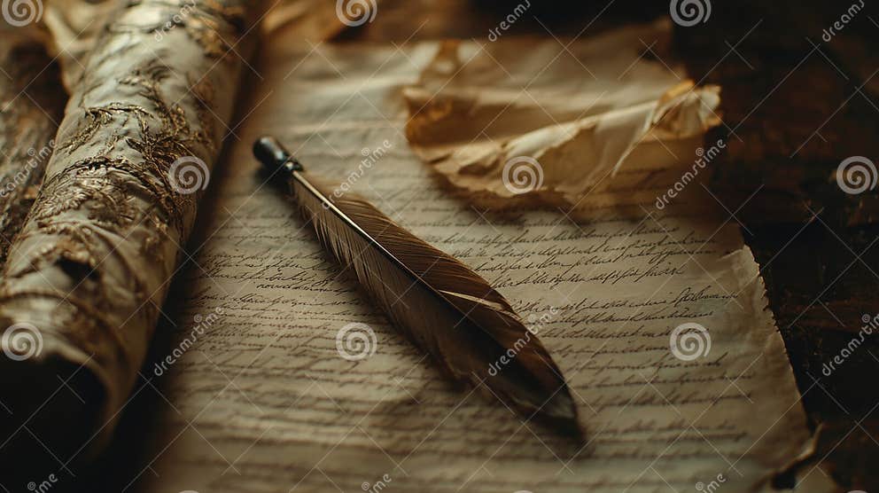 Close-up of a Medieval Quill Resting on a Rolled Parchment Scroll Stock ...