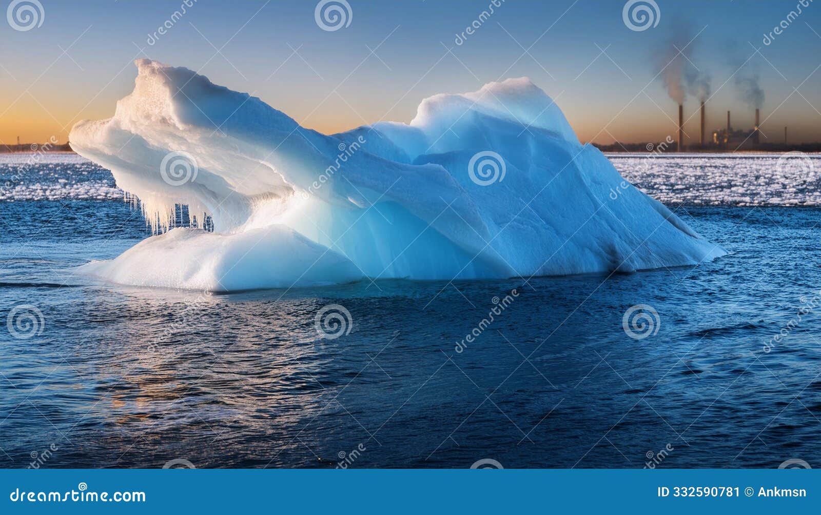 Close-Up of a Melting Iceberg with a Background of Pollution Stock ...