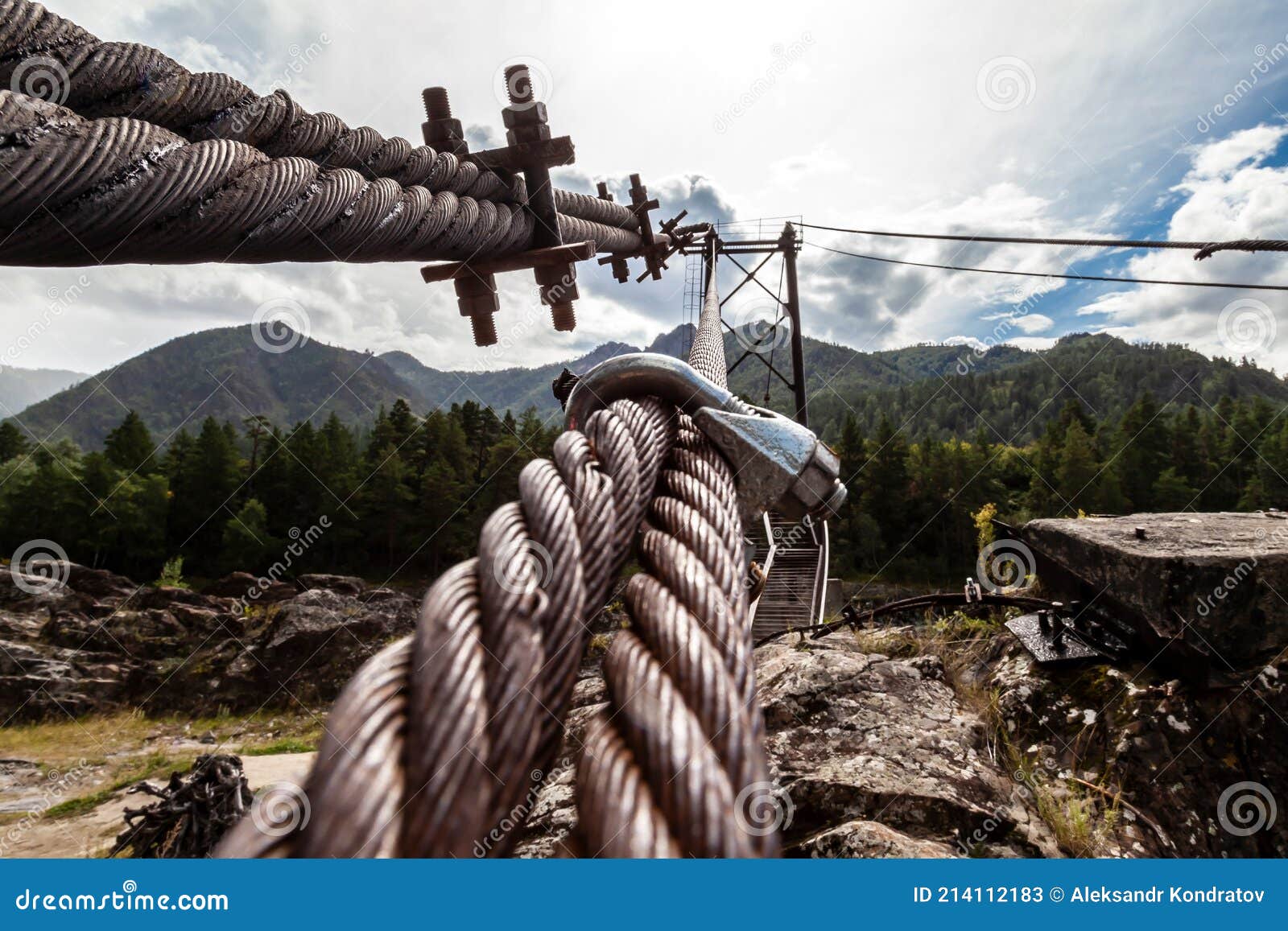 Close-up on a Metal Binding Cable Going in Perspective To the Bridge ...