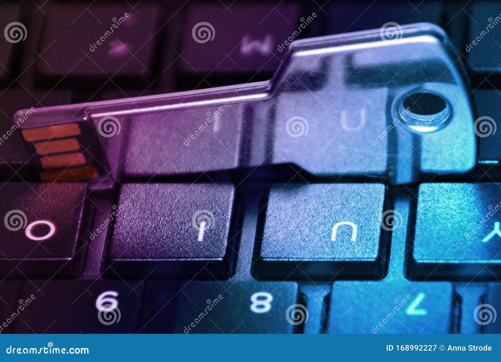Key Shape USB Flash on a Computer Keyboard - Toned with Purple Bluish ...