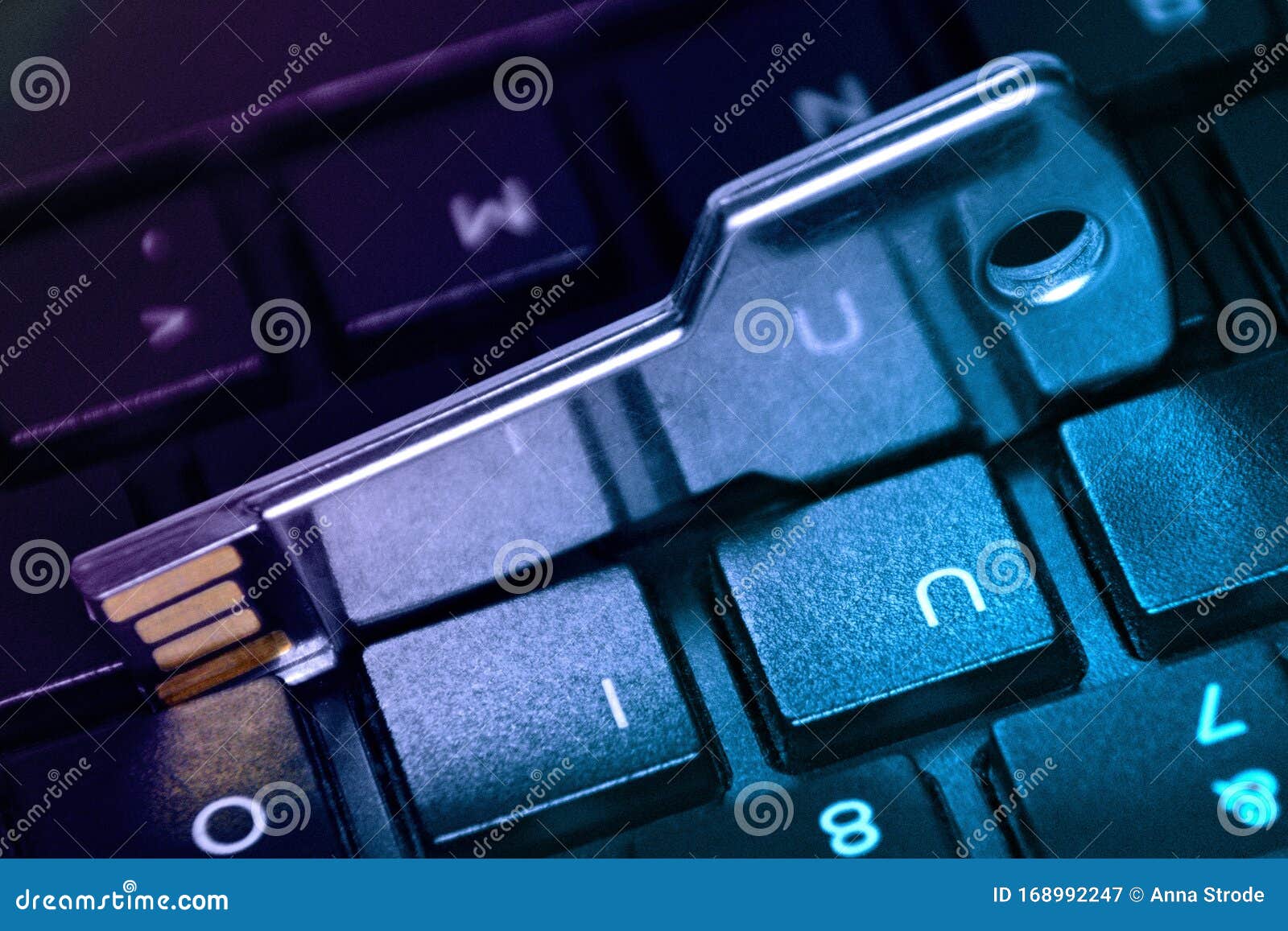 Key Shape USB Flash on a Computer Keyboard - Toned with Purple Bluish ...