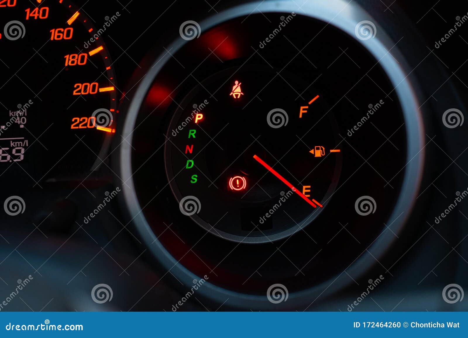 Meter Panel with the Needle Pointing at E on Black Blackground, Car Has ...