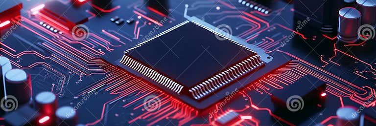Closeup of a Microchip on a Circuit Board with Red Glowing Lines a ...