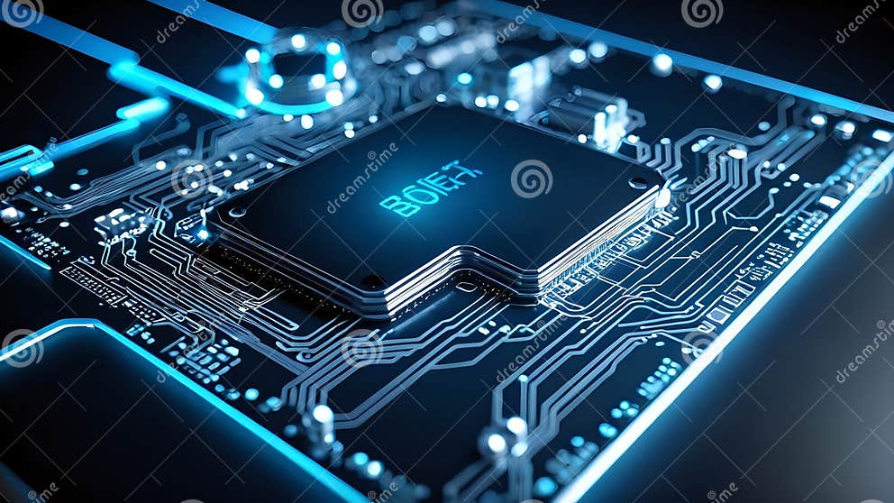 Close-Up of a Microchip in Electric Blue Light Stock Illustration ...