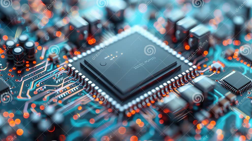 Close-up of a Microchip Embedded in a Circuit Board with Glowing ...