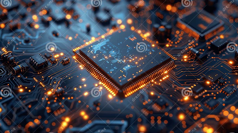 Close-Up of Microchip with Glowing Orange Lights on Circuit Board Stock ...
