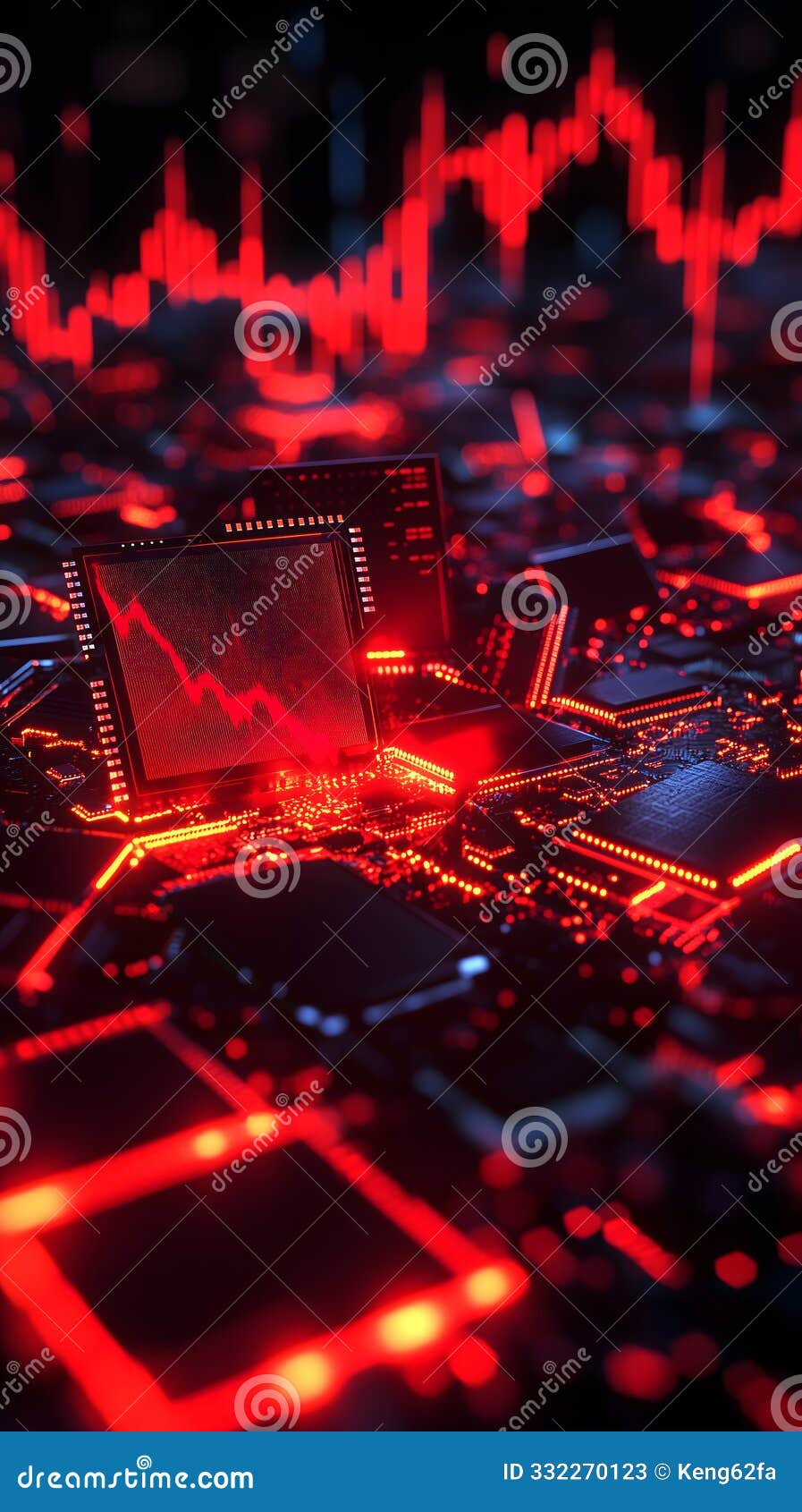 Close-up of a Microchip with a Red Downward Stock Market Graph on a ...
