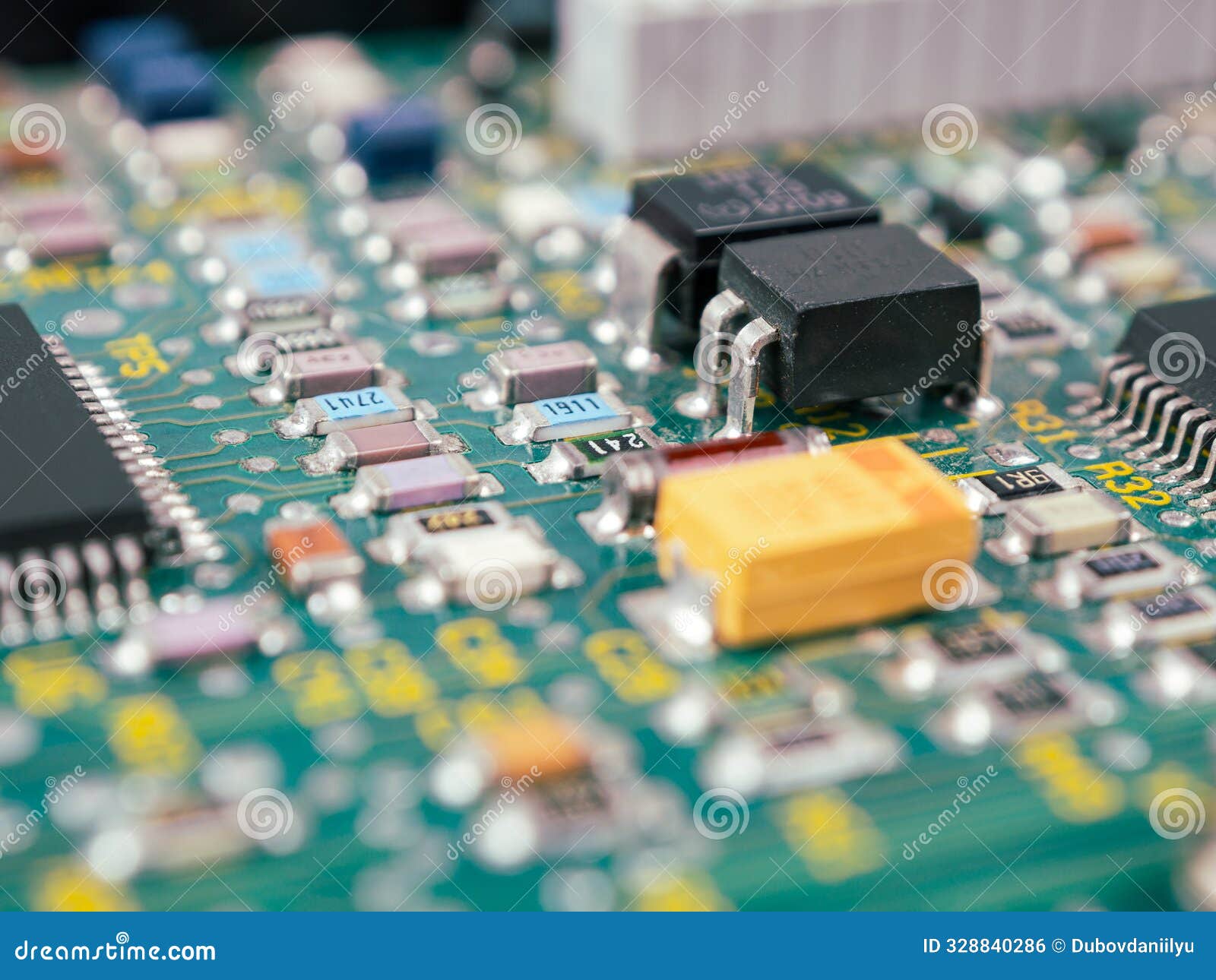 Close-up of Microcircuits and Components: Chips, Diodes and Capacitors ...