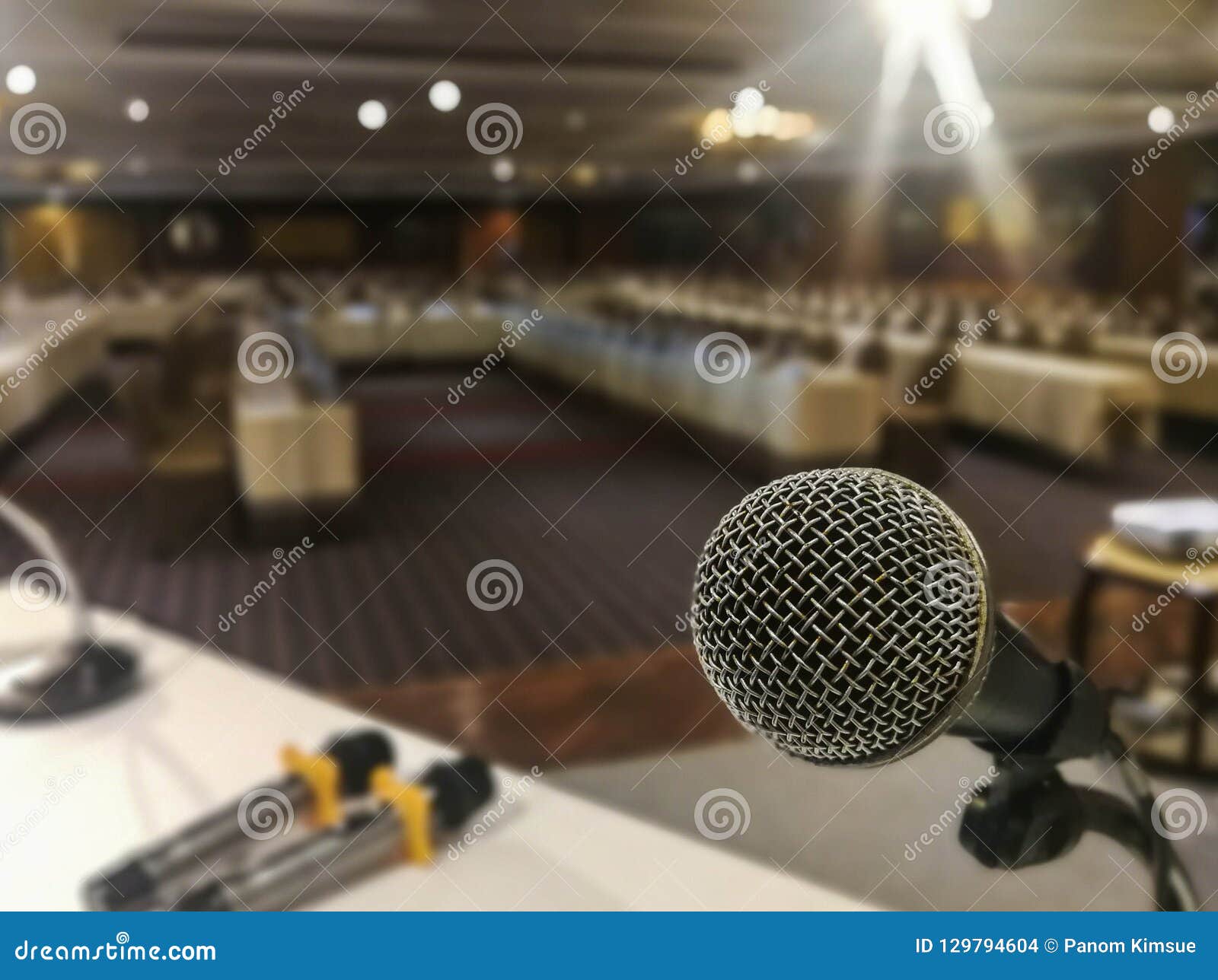 Close Up of Microphone on Abstract Blurred of Speech in Seminar Room or ...