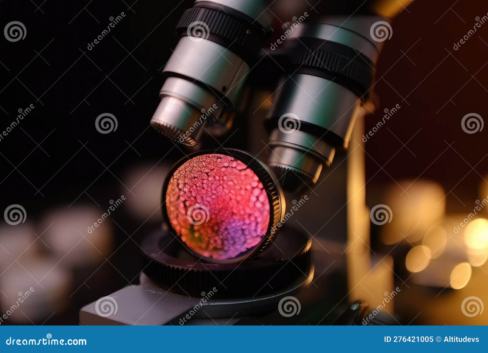 Close-up of Microscope with Colorful Microorganisms Visible Under the ...