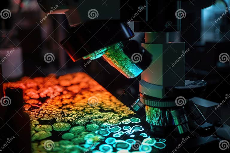Close-up of Microscope with Colorful Microorganisms Visible Under the ...