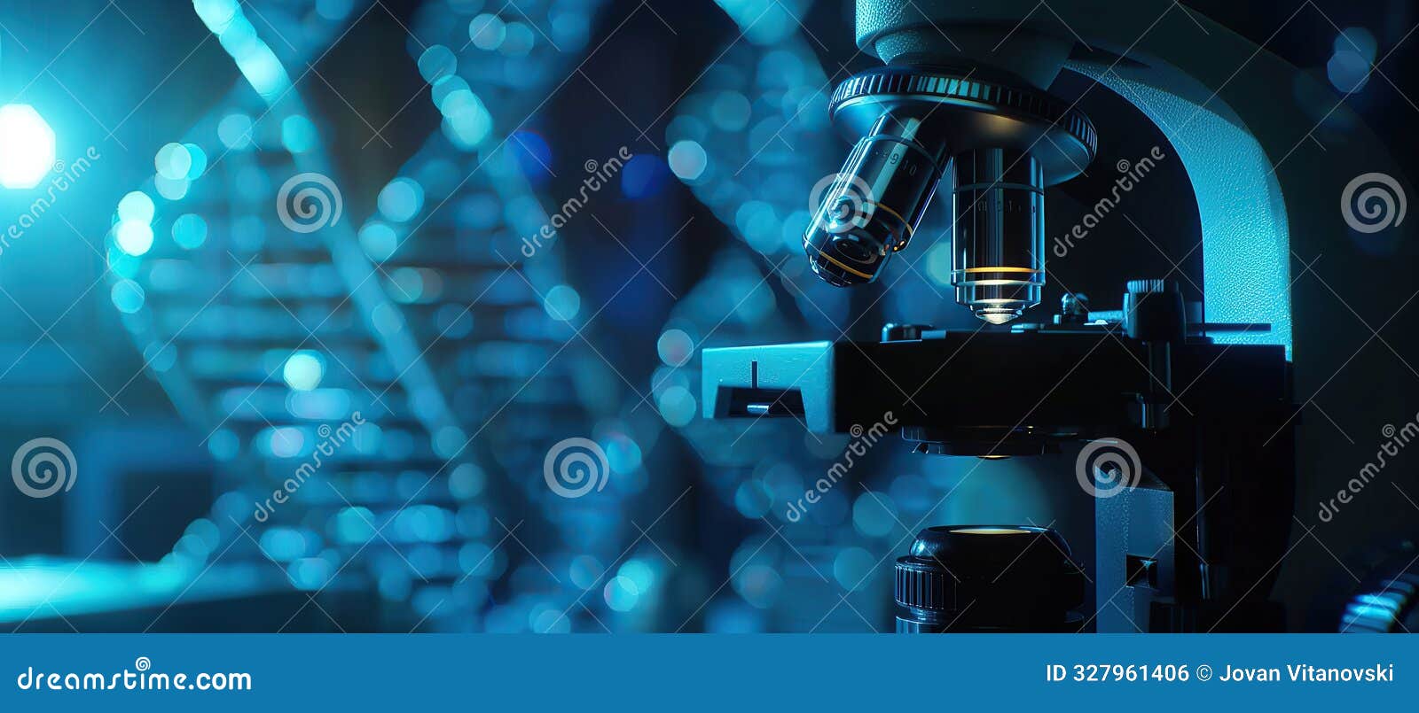 Close Up of Microscope with Double Helix DNA in Blue Light Stock ...
