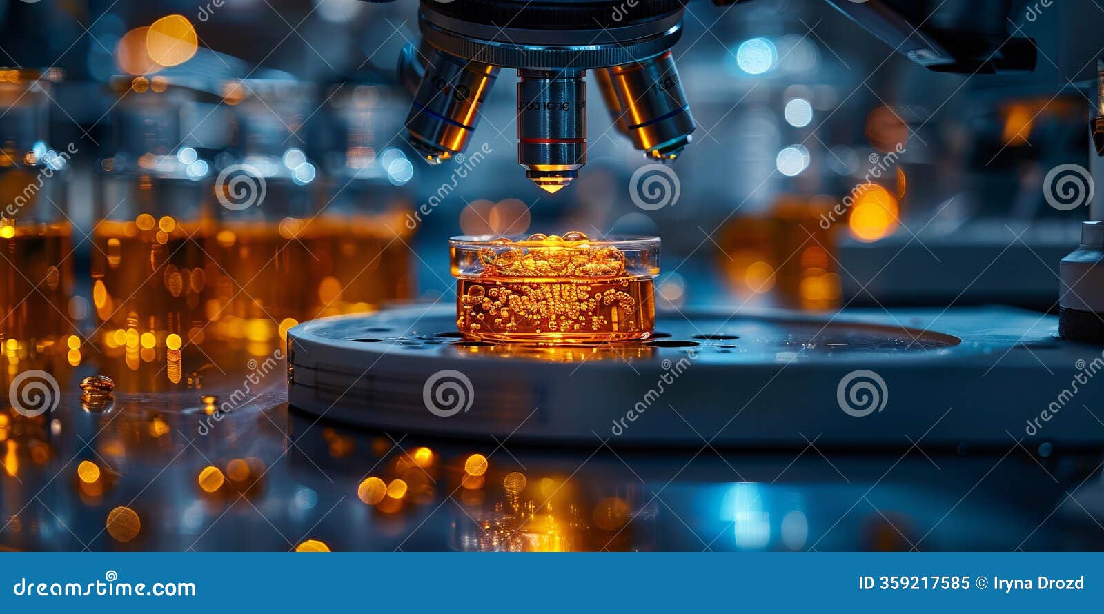 Close-up of a Microscope Examining a Glowing Petri Dish in a High-tech ...