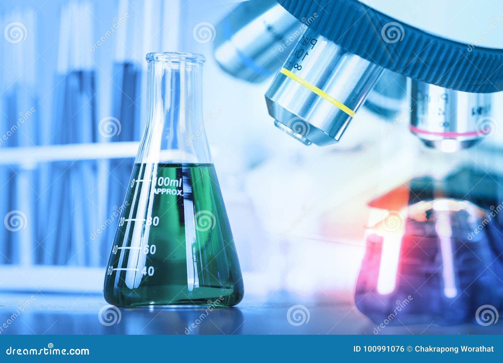 Close Up Microscope with Lab Glassware, Science Laboratory Research and ...