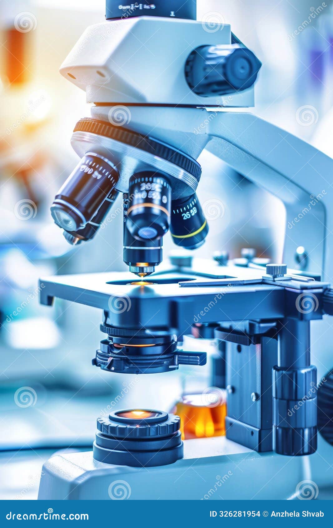 Close Up of Microscope in Laboratory Setting with Bright White Vertical ...