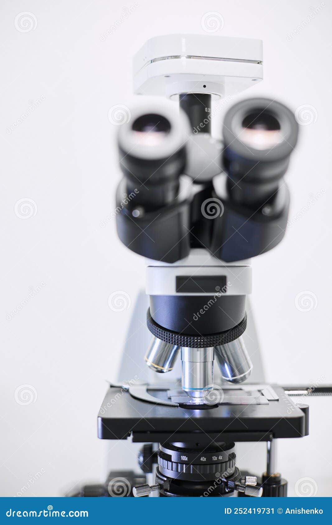 Close-up of a Microscope in the Laboratory. View through a Magnifying ...