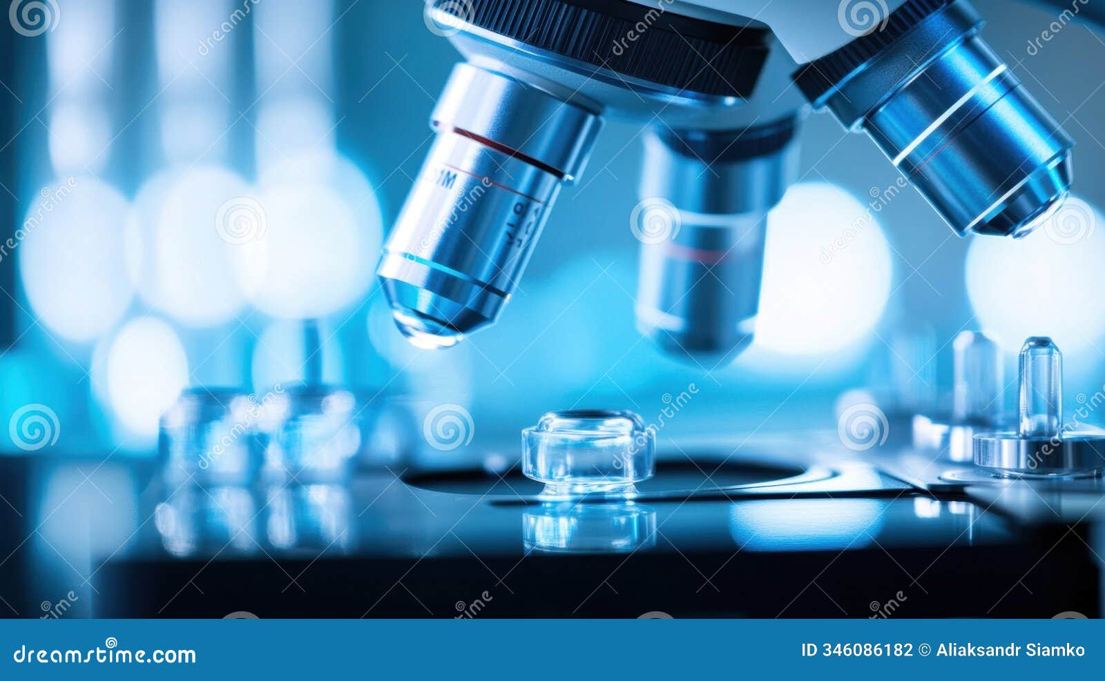 Close-up of Microscope Lens with Blue Background Representing Research ...