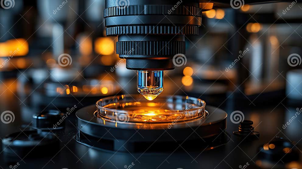Close-up of a Microscope Lens Focused on a Petri Dish in a Laboratory ...